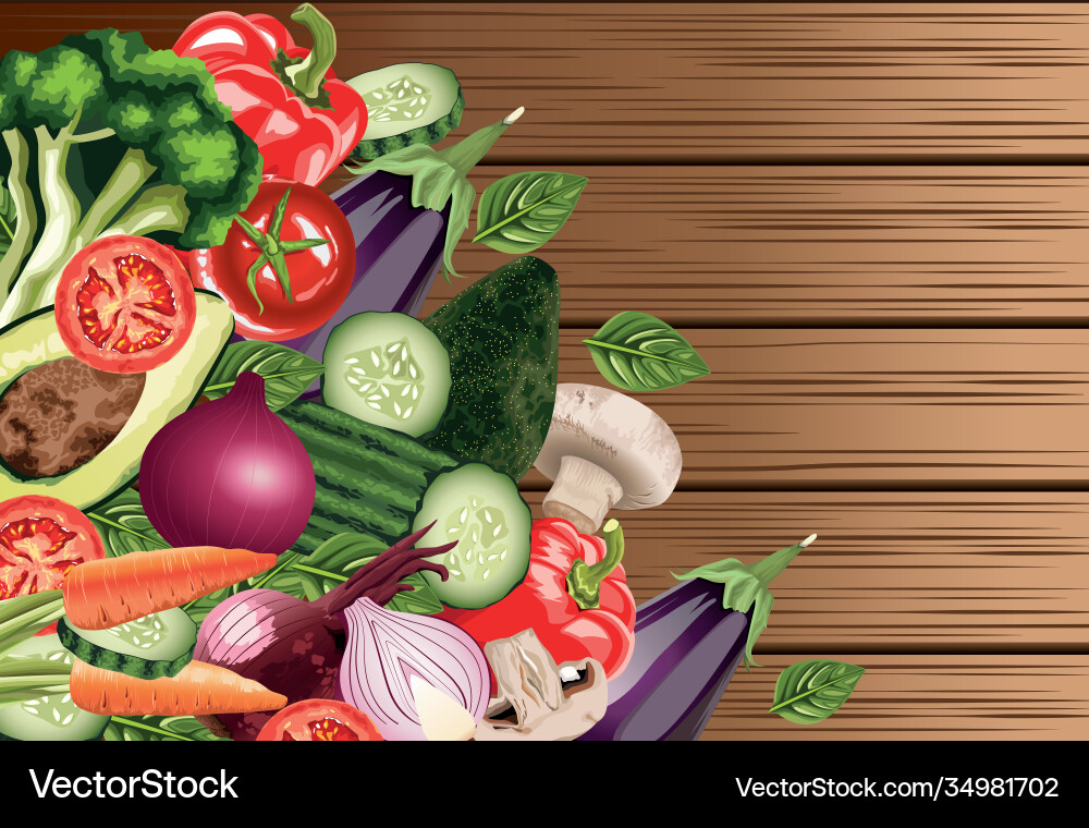 Set fresh vegetables in wooden background Vector Image