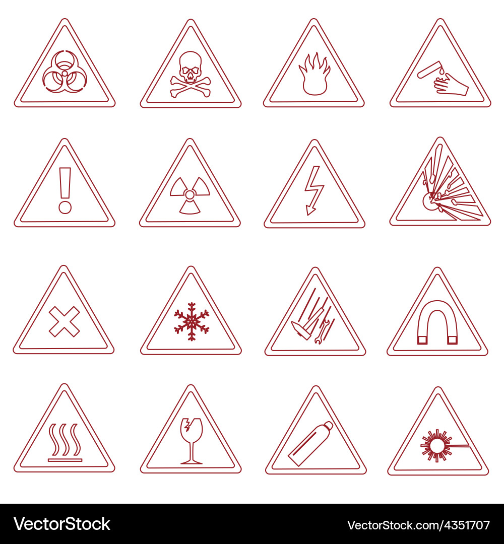 16 various danger signs types outline icons eps10 Vector Image