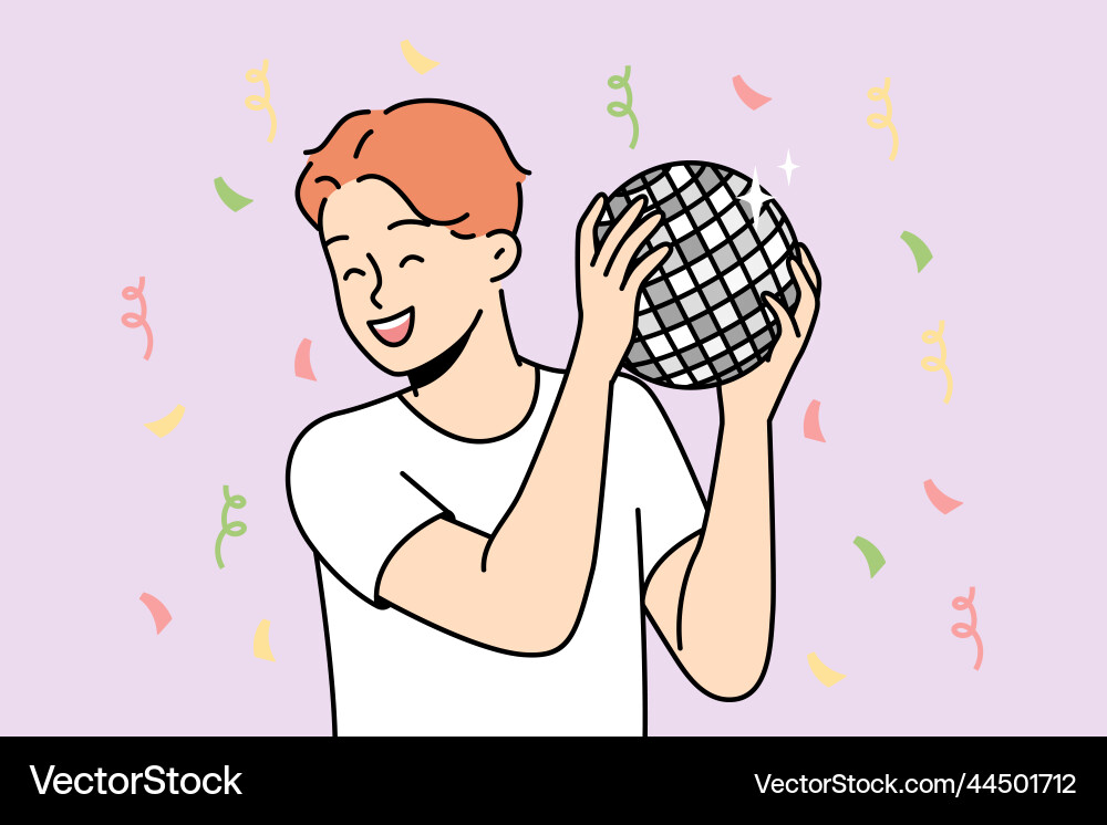 Boy holds disco mirror ball in hands smiles Vector Image