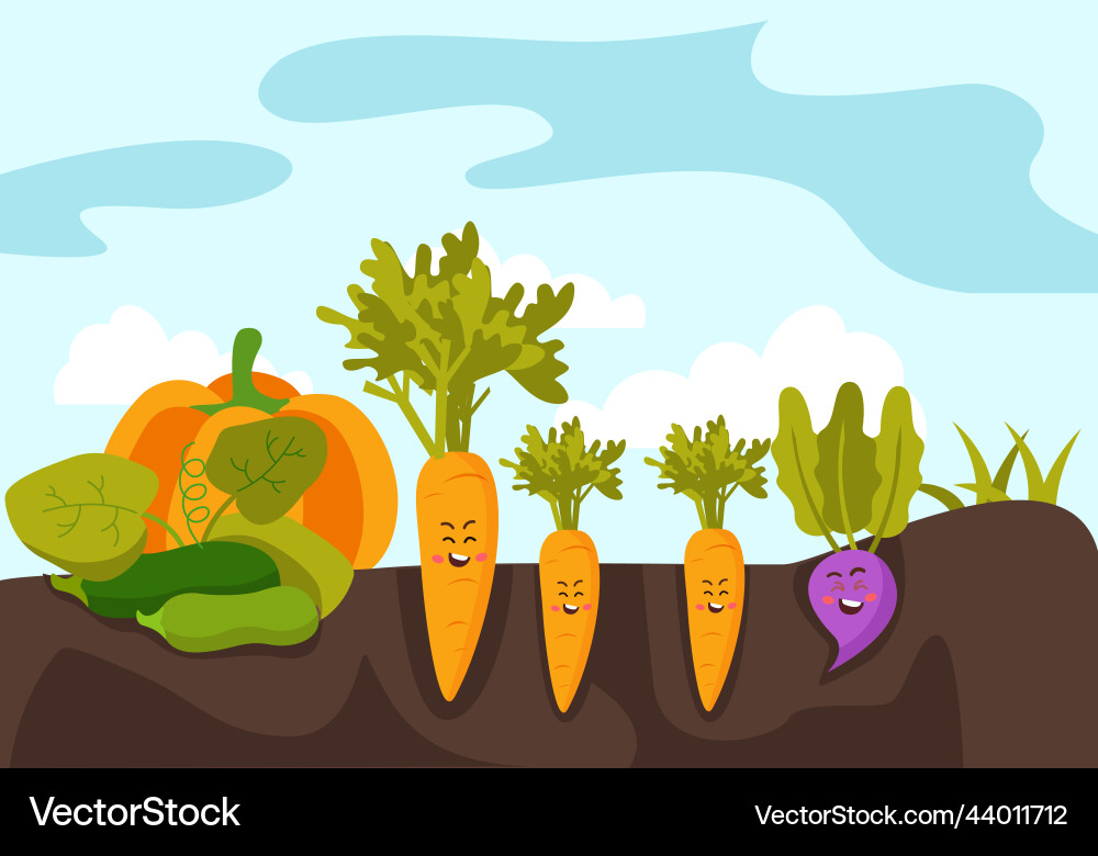 Cartoon vegetables in garden bed Royalty Free Vector Image