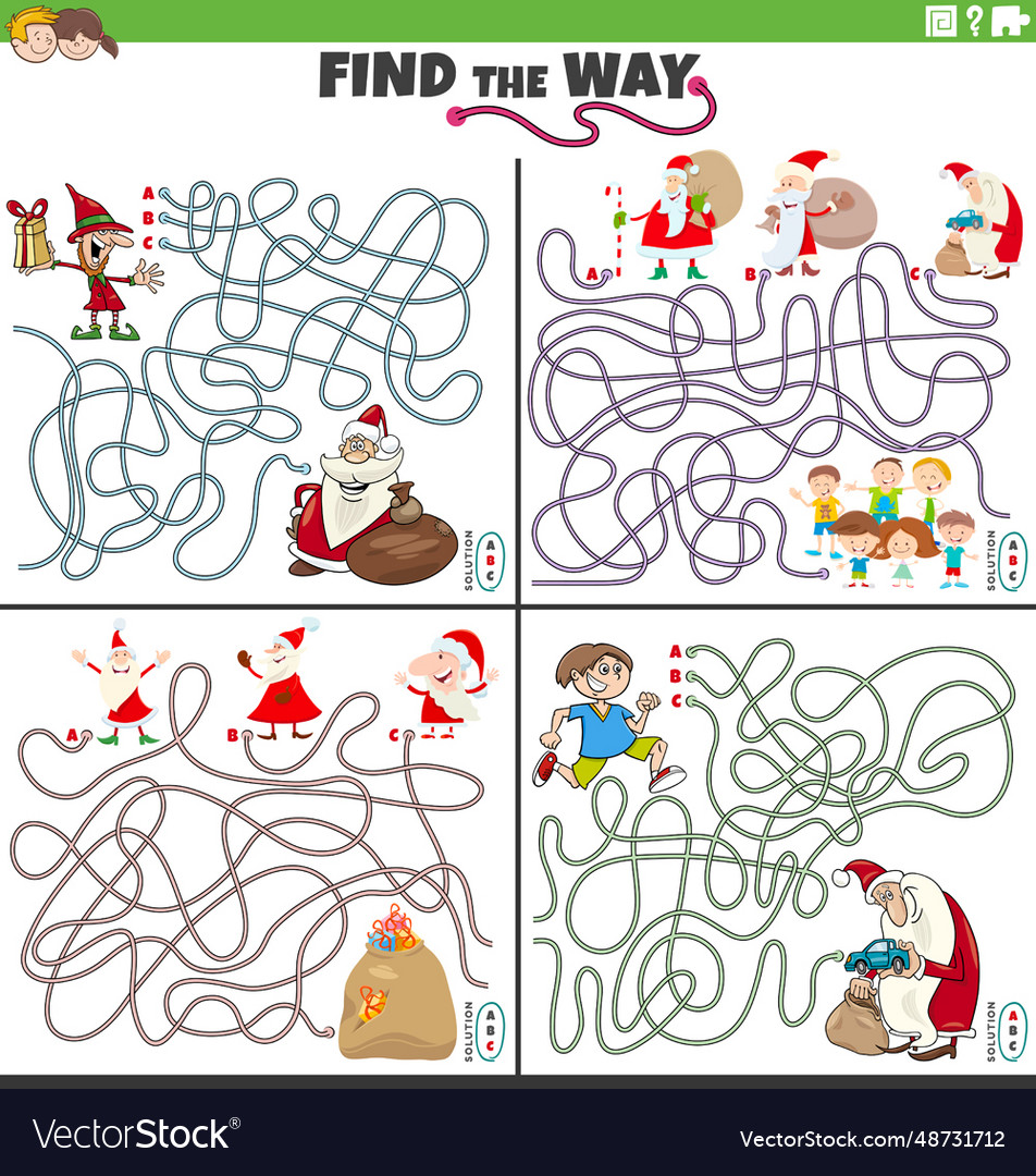 Maze activities set with santa claus on christmas Vector Image