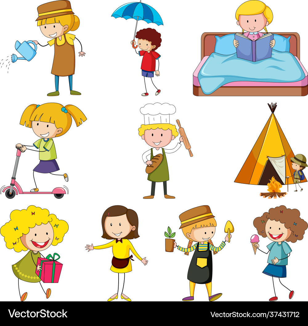 Set different doodle kids cartoon character Vector Image