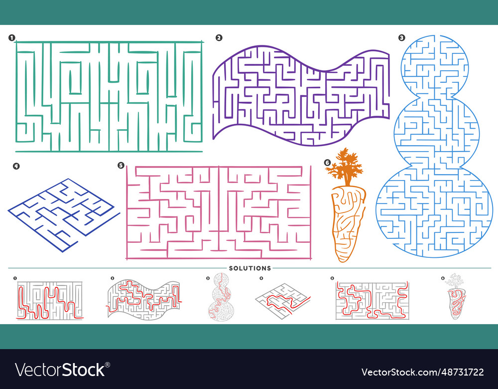 Maze puzzle activities graphs set with solutions Vector Image