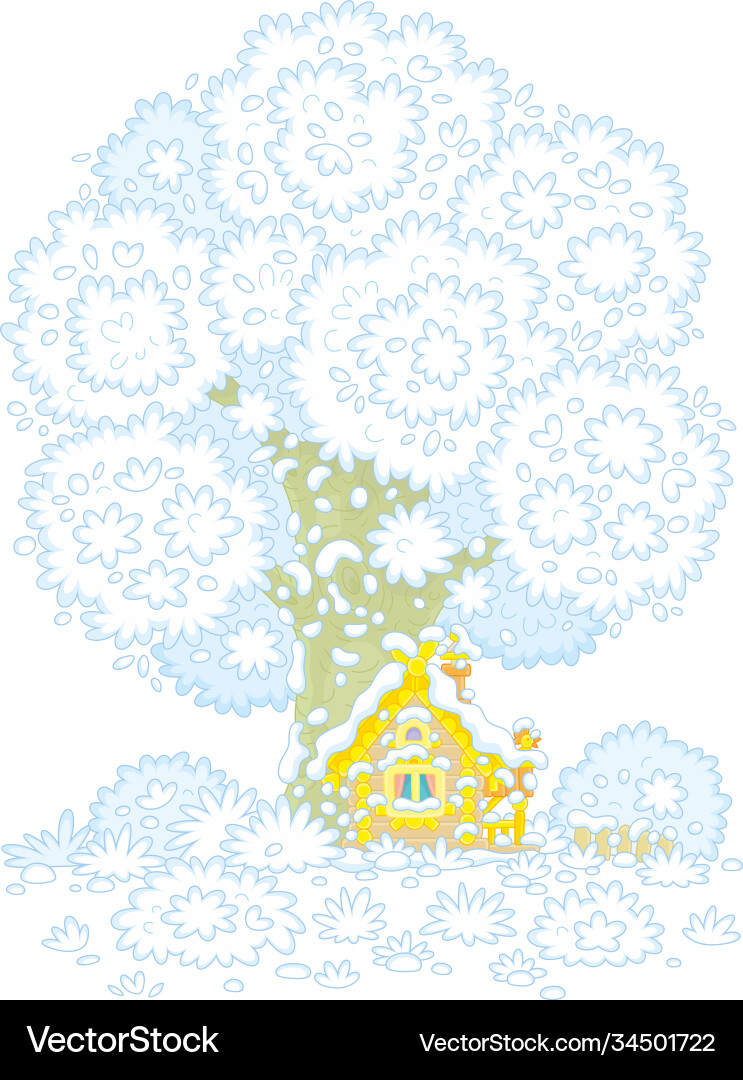Small wooden house under a snowy tree Royalty Free Vector