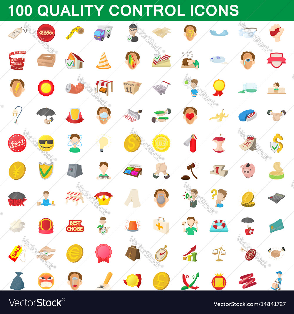 100 Quality Control Icons Set Cartoon Style Vector Image