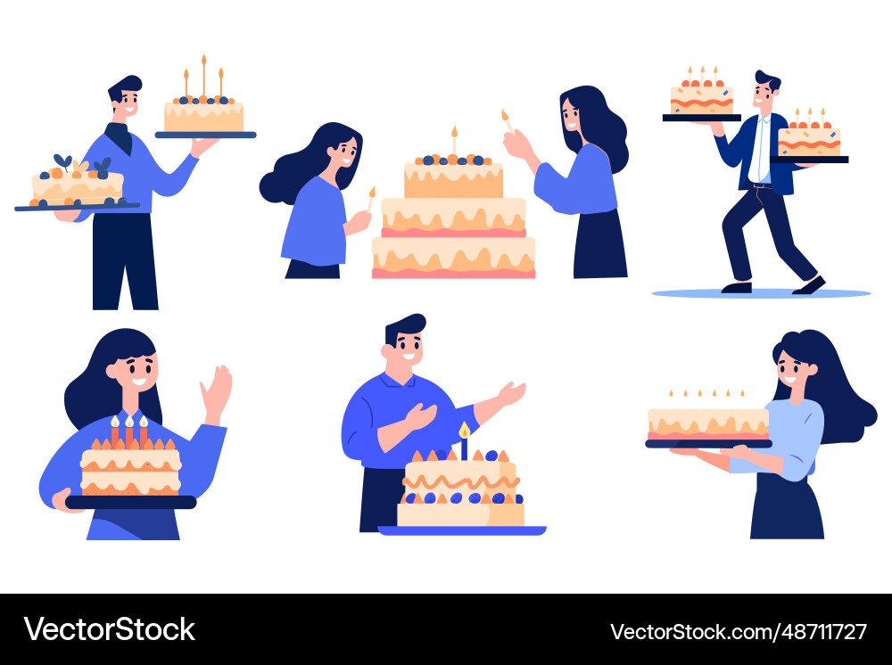 Hand drawn character with birthday cake in flat Vector Image