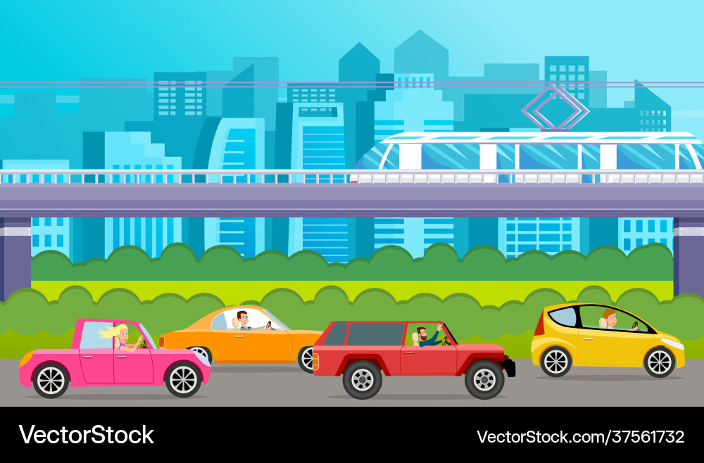 Drivers in automobiles on background modern Vector Image