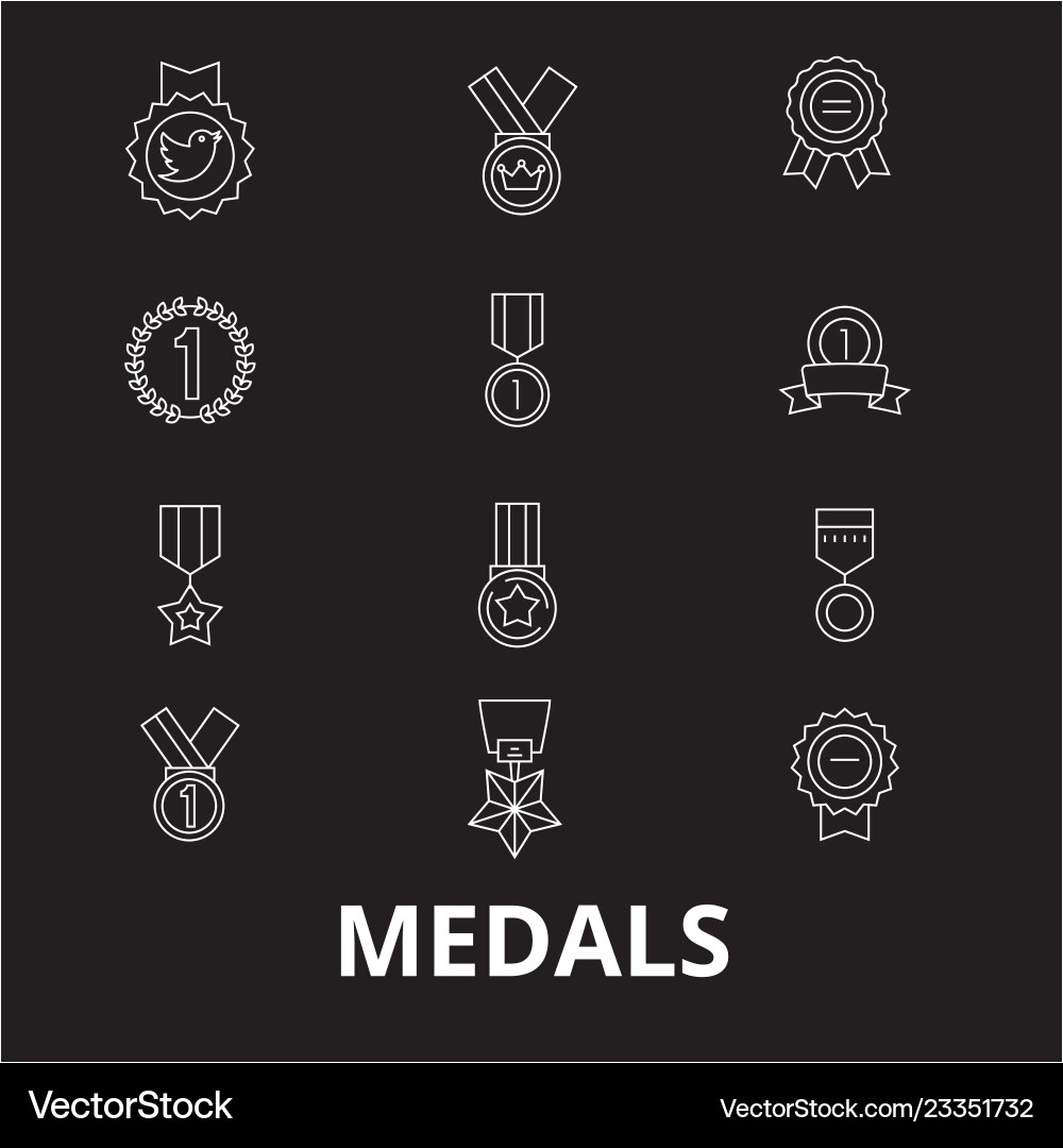 Medals editable line icons set on black Royalty Free Vector