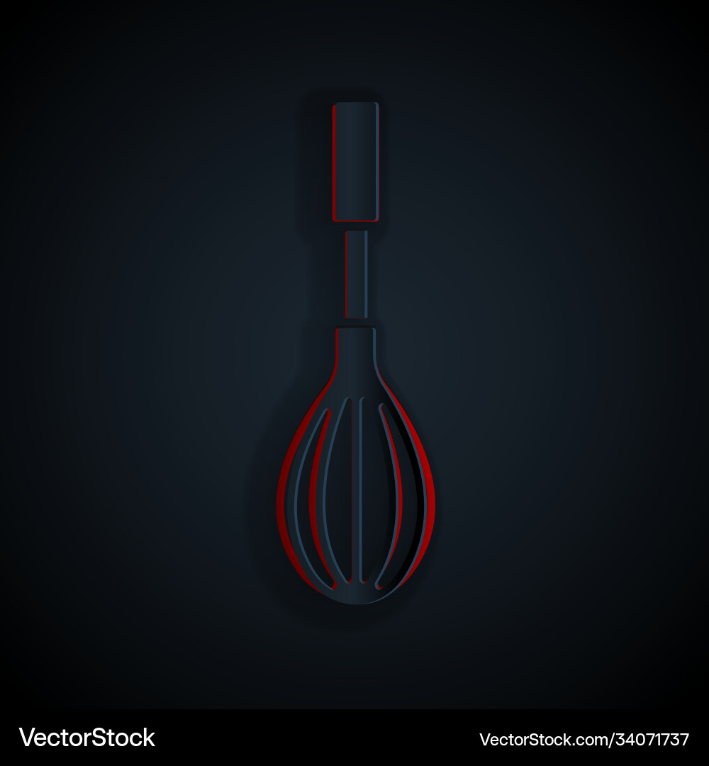 Paper cut kitchen whisk icon isolated on black Vector Image