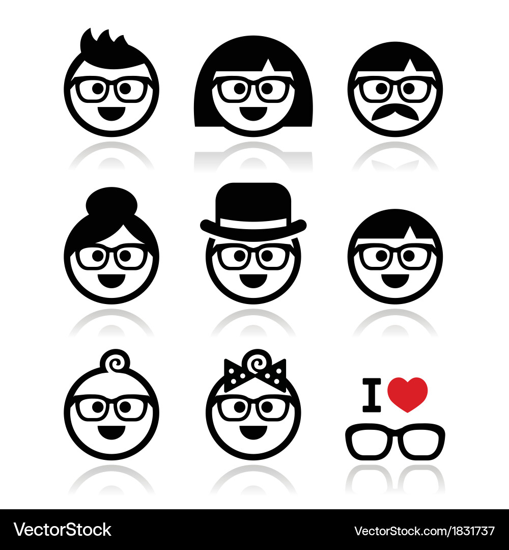 People wearing glasses geeks icons set Royalty Free Vector