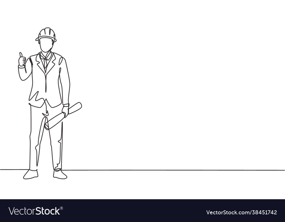 Continuous One Line Drawing Architect Stood With Vector Image
