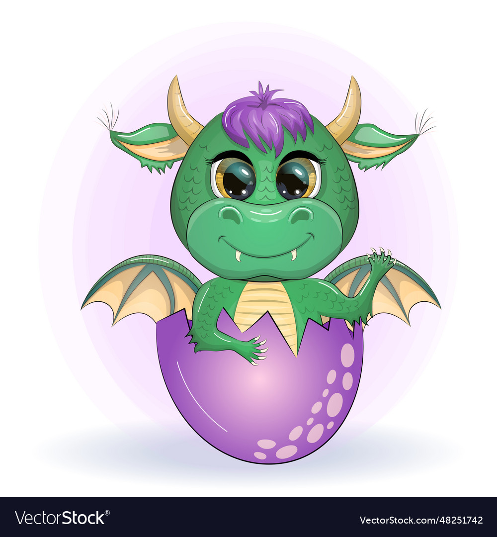 Cute cartoon green baby dragon with horns and Vector Image Cute cartoon green baby dragon with horns and Vector Image