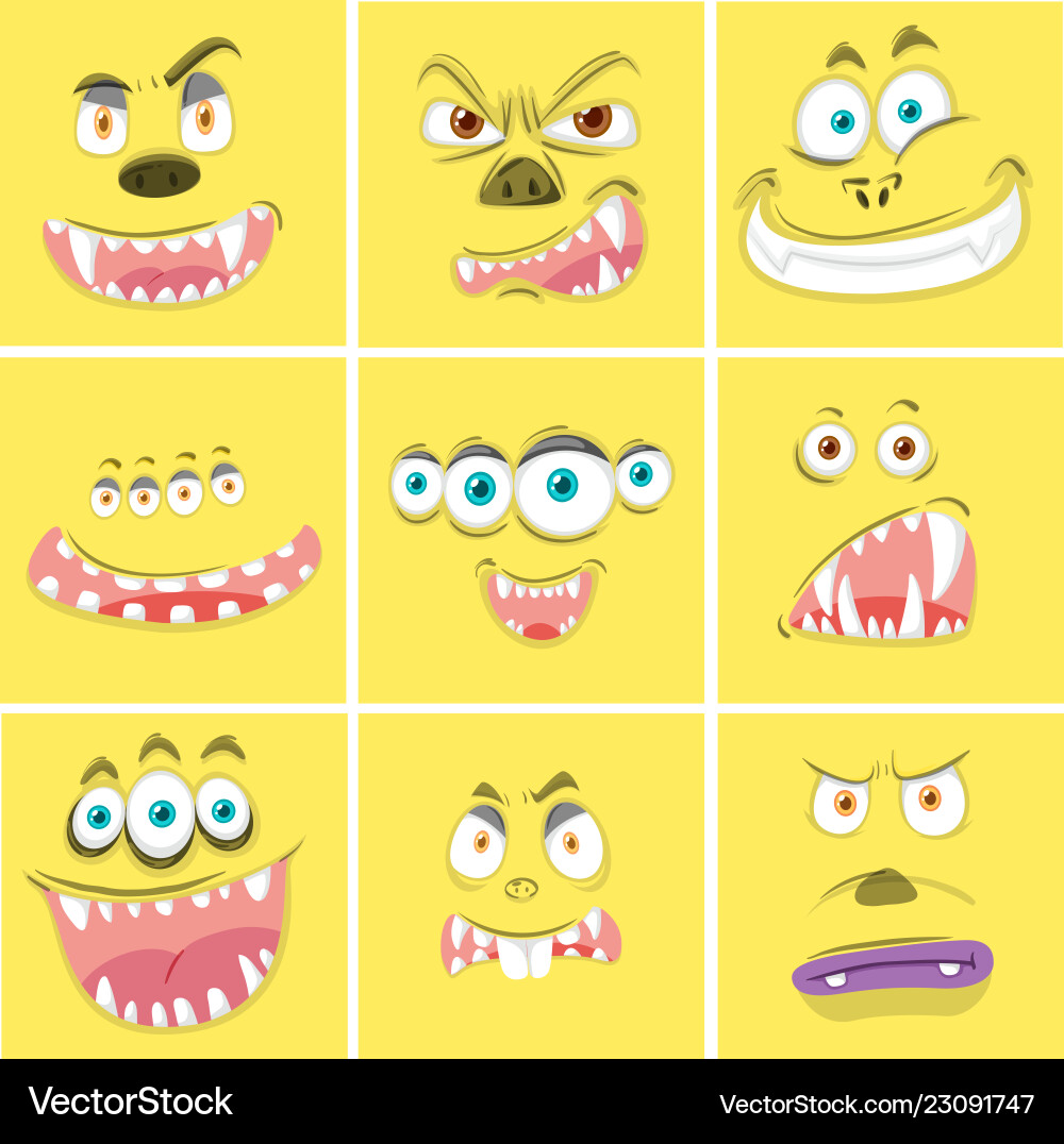 Set of yellow monster faces Royalty Free Vector Image