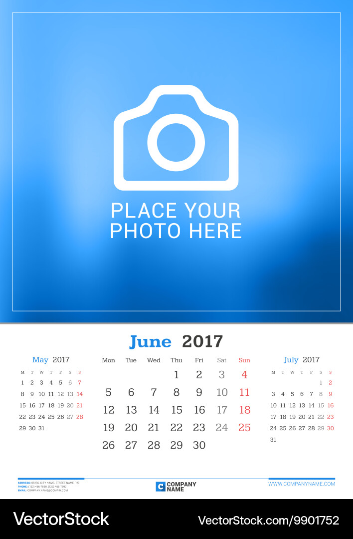 June 2017 wall monthly calendar for 2017 year Vector Image