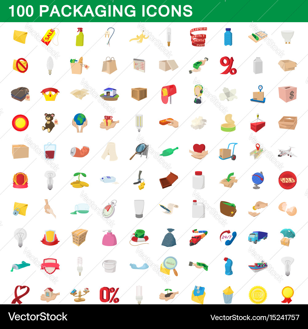 100 packaging icons set cartoon style Royalty Free Vector