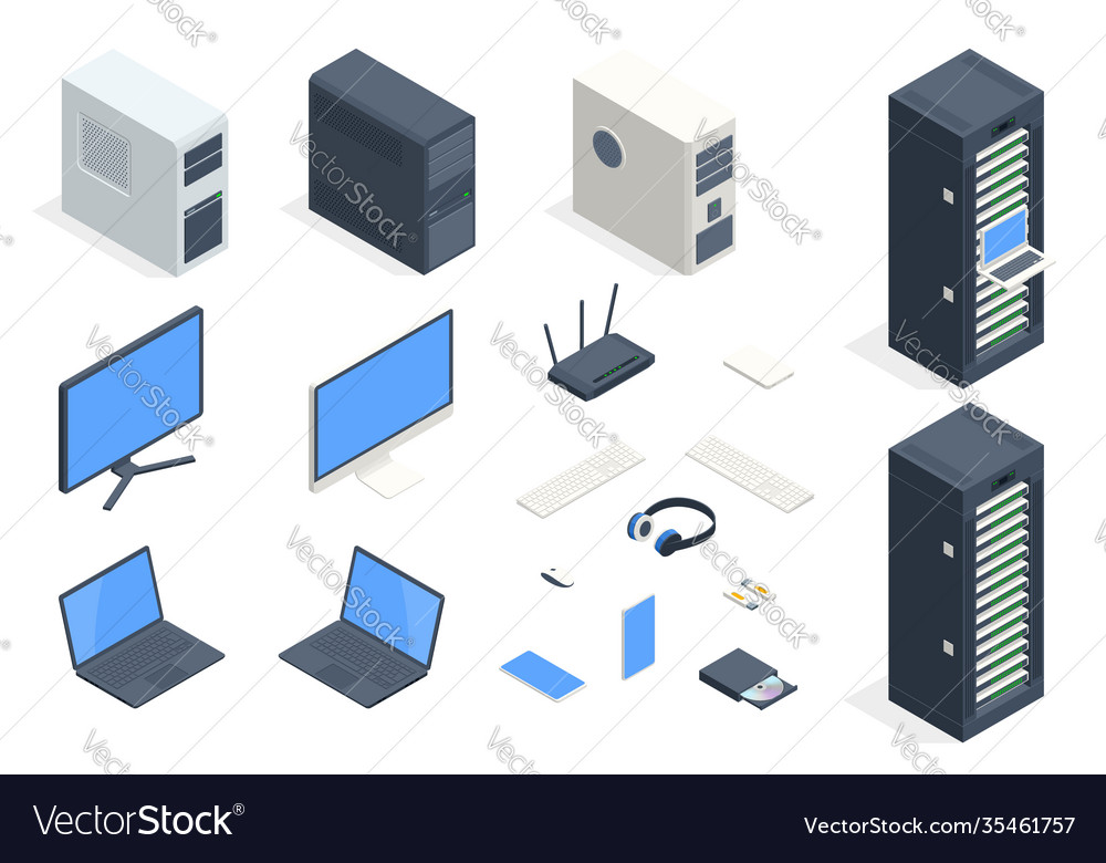 Isometric data center and network elements server Vector Image