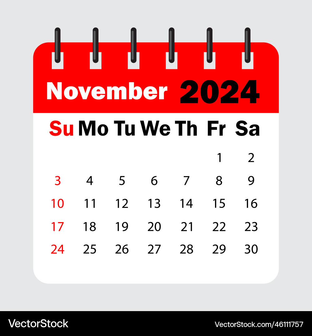 Red calendar leaf spring november 2024 calendar Vector Image