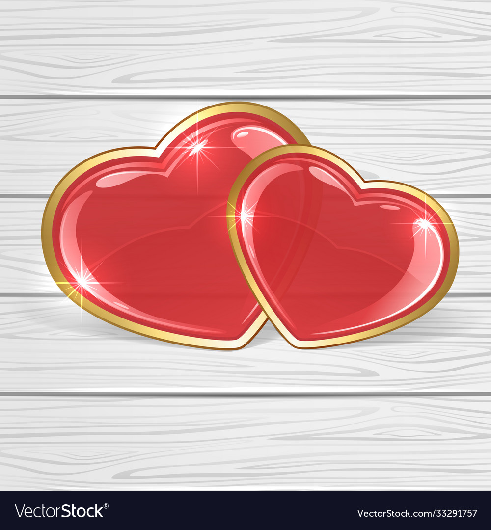 Two shiny hearts on wooden background Royalty Free Vector