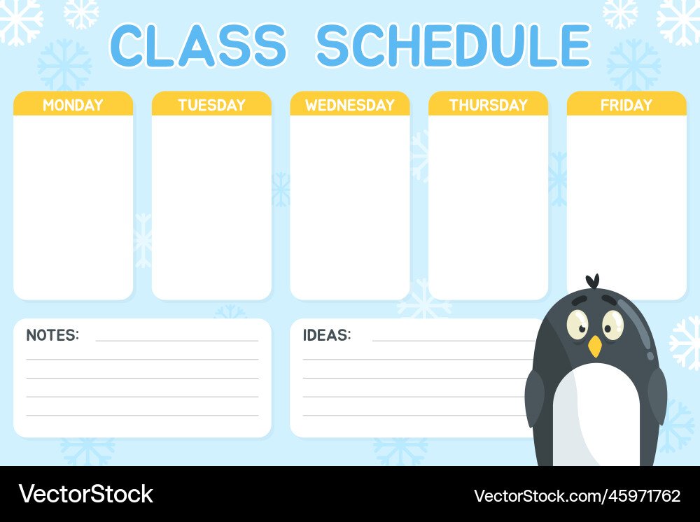 Class schedule with funny cartoon penguin bird Vector Image