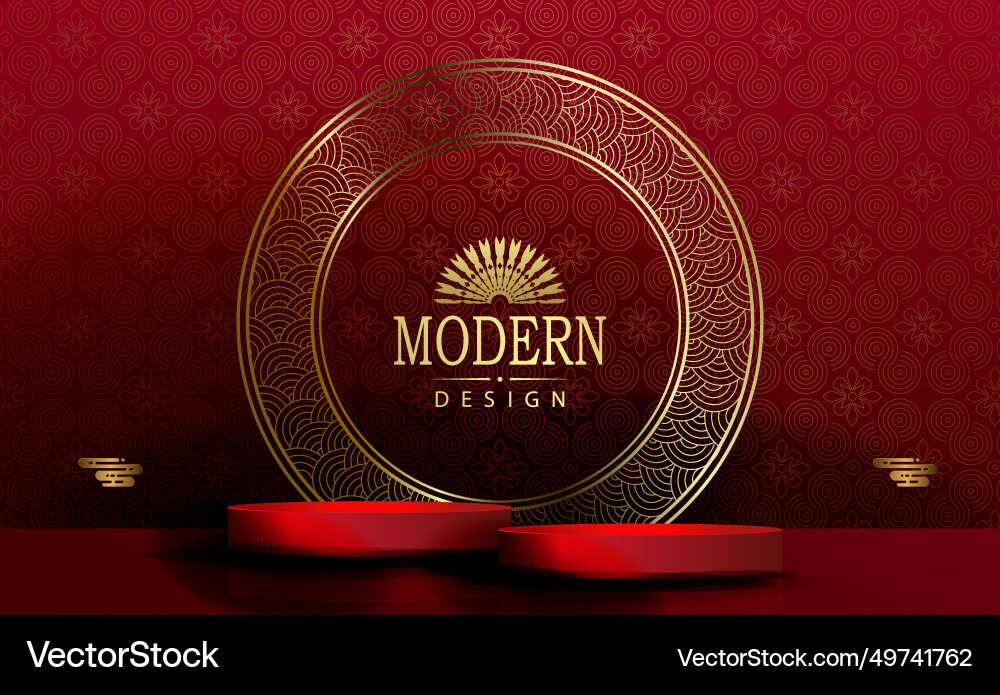 Red with a round podium and golden frame Vector Image