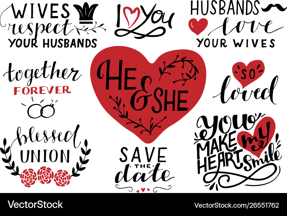 Set 9 hand lettering quotes about he and she Vector Image
