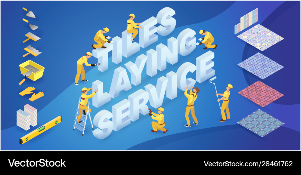 Team workers and isometric words tiles laying Vector Image