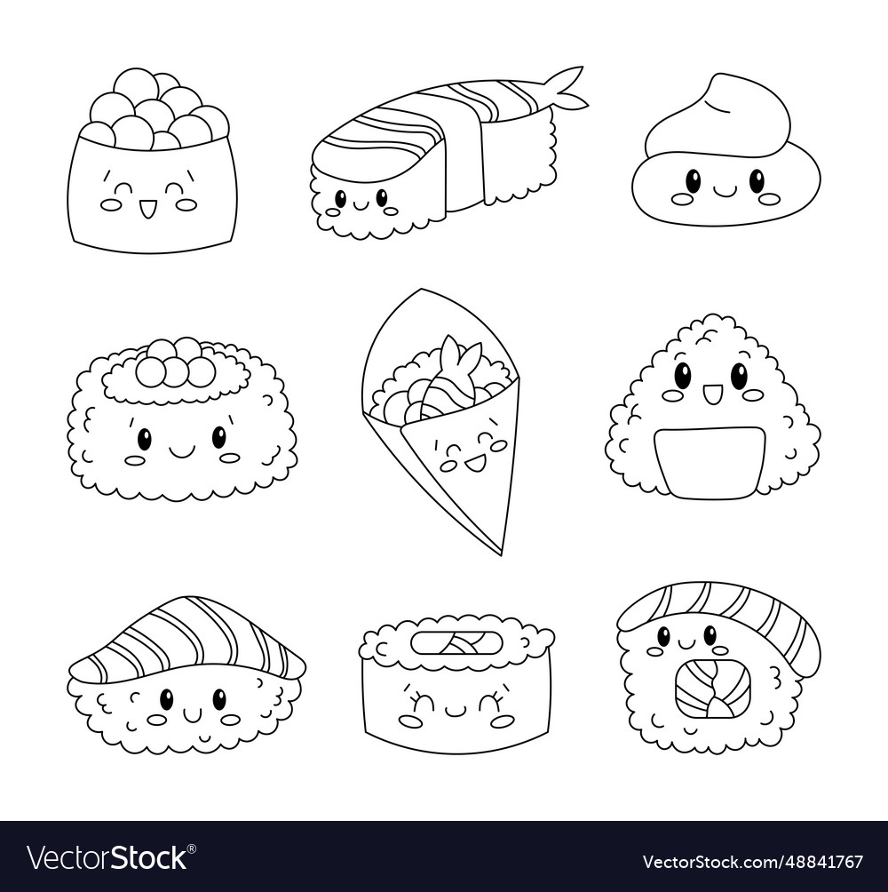 Cute sushi characters coloring page Royalty Free Vector