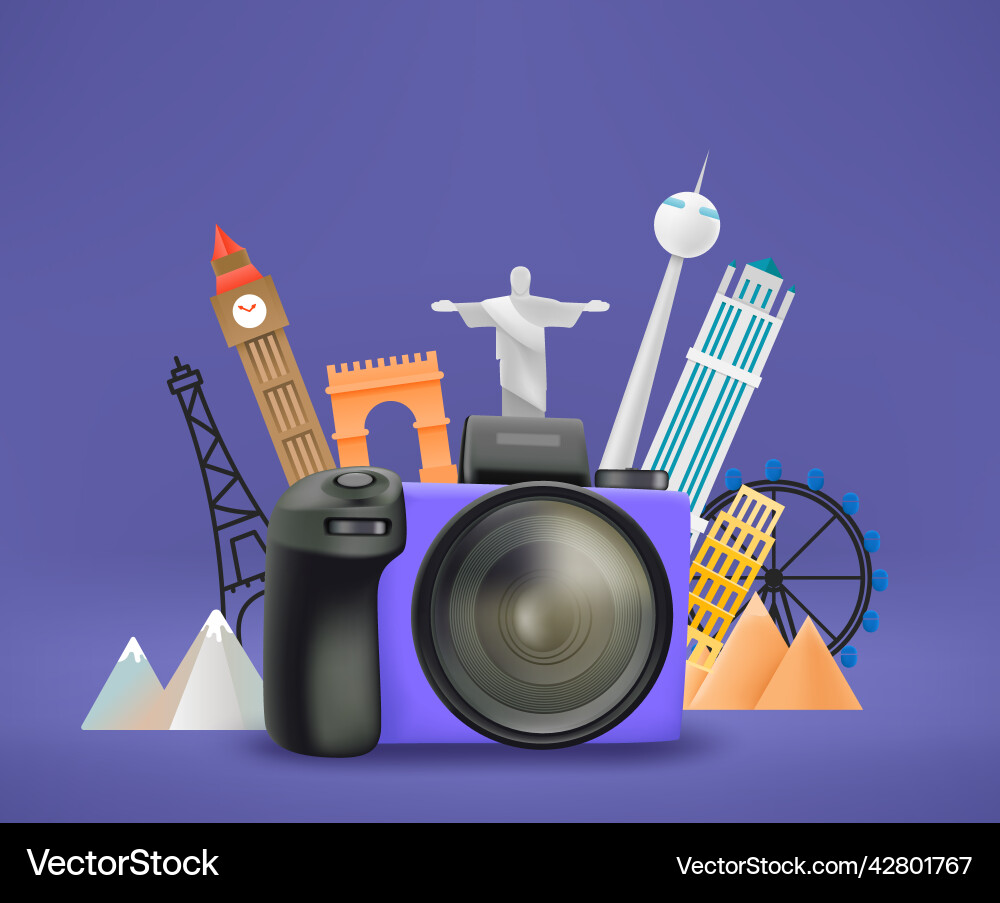 Modern digital photo camera with different travel Vector Image