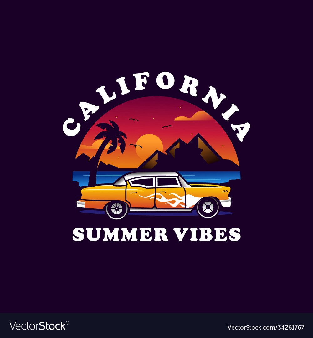 Summer beach with classic car logo Royalty Free Vector Image Summer beach with classic car logo Royalty Free Vector Image