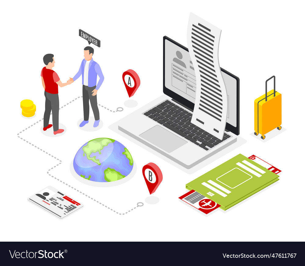 Work migration isometric composition Royalty Free Vector