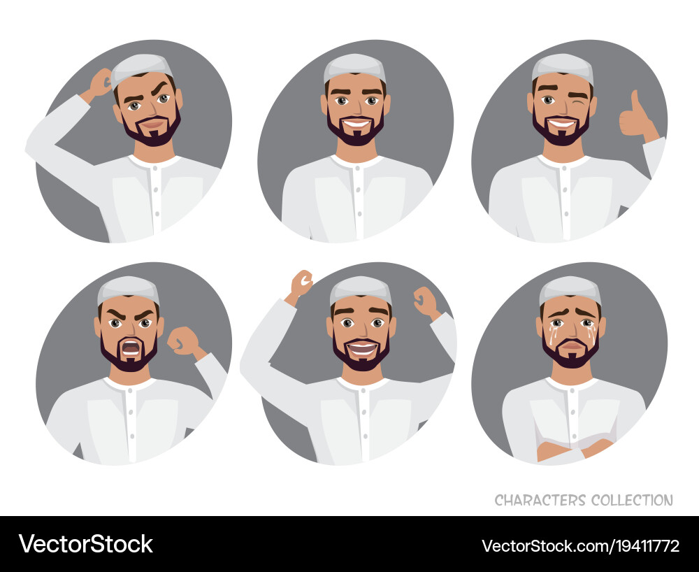 Muslim arab man character set avatars Royalty Free Vector