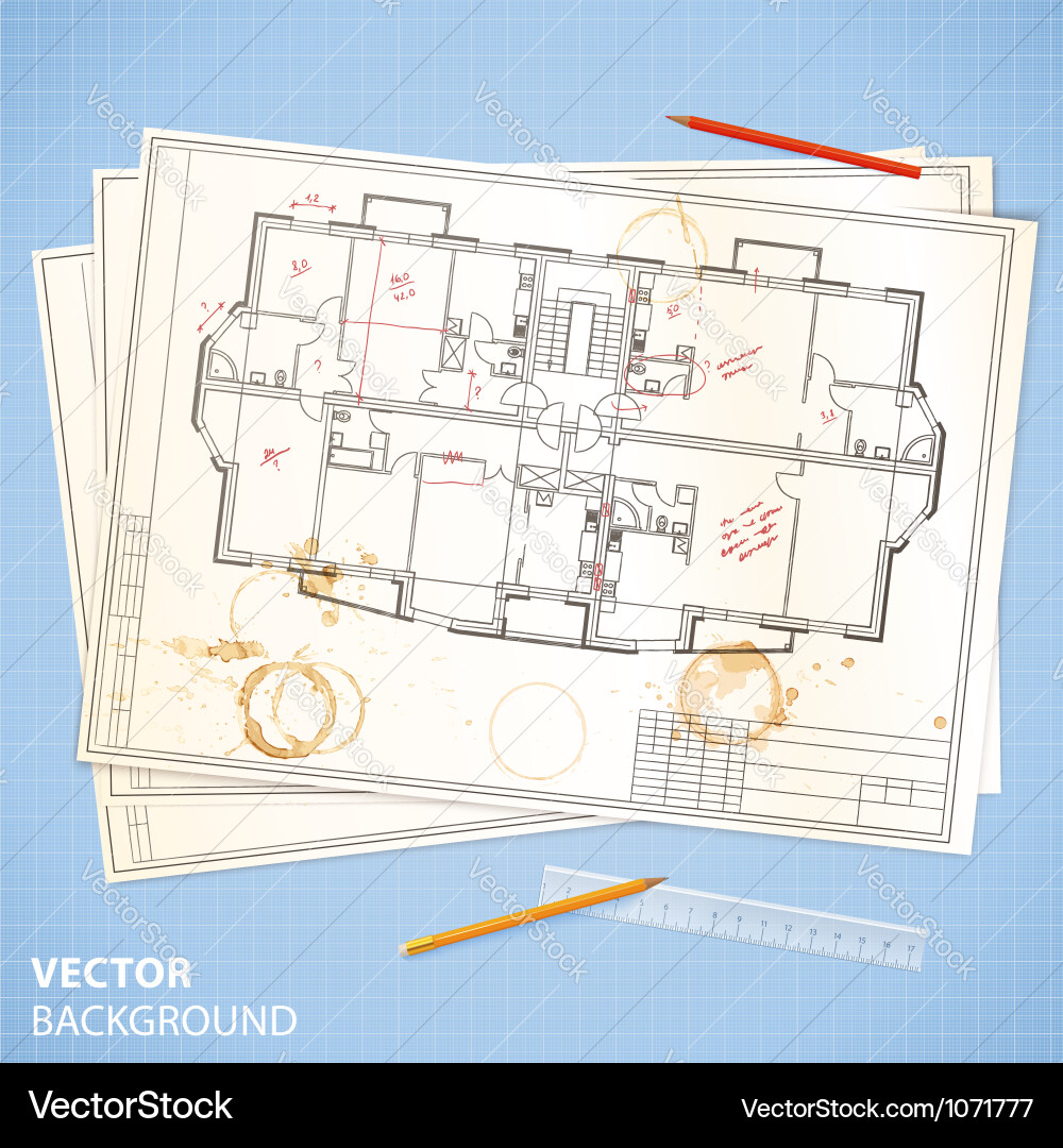 Architectural papers with sketches and pencils Vector Image