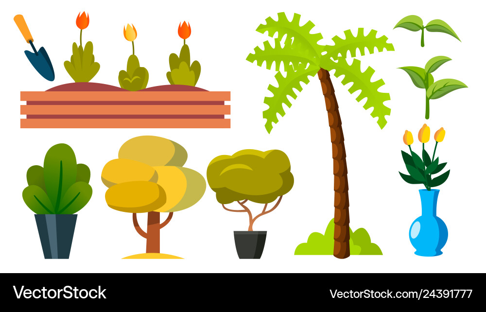 Plants trees garden flowers icon flat Royalty Free Vector