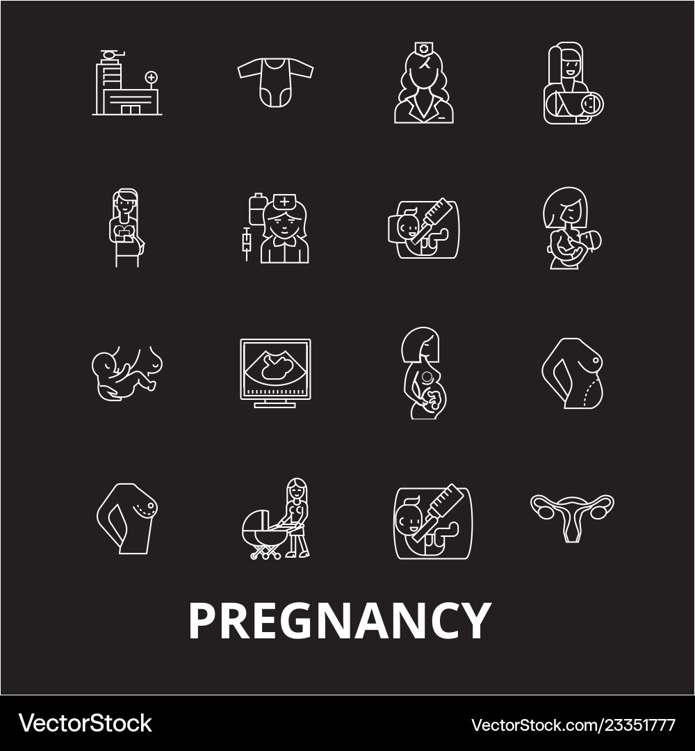 Pregnancy editable line icons set on black Vector Image