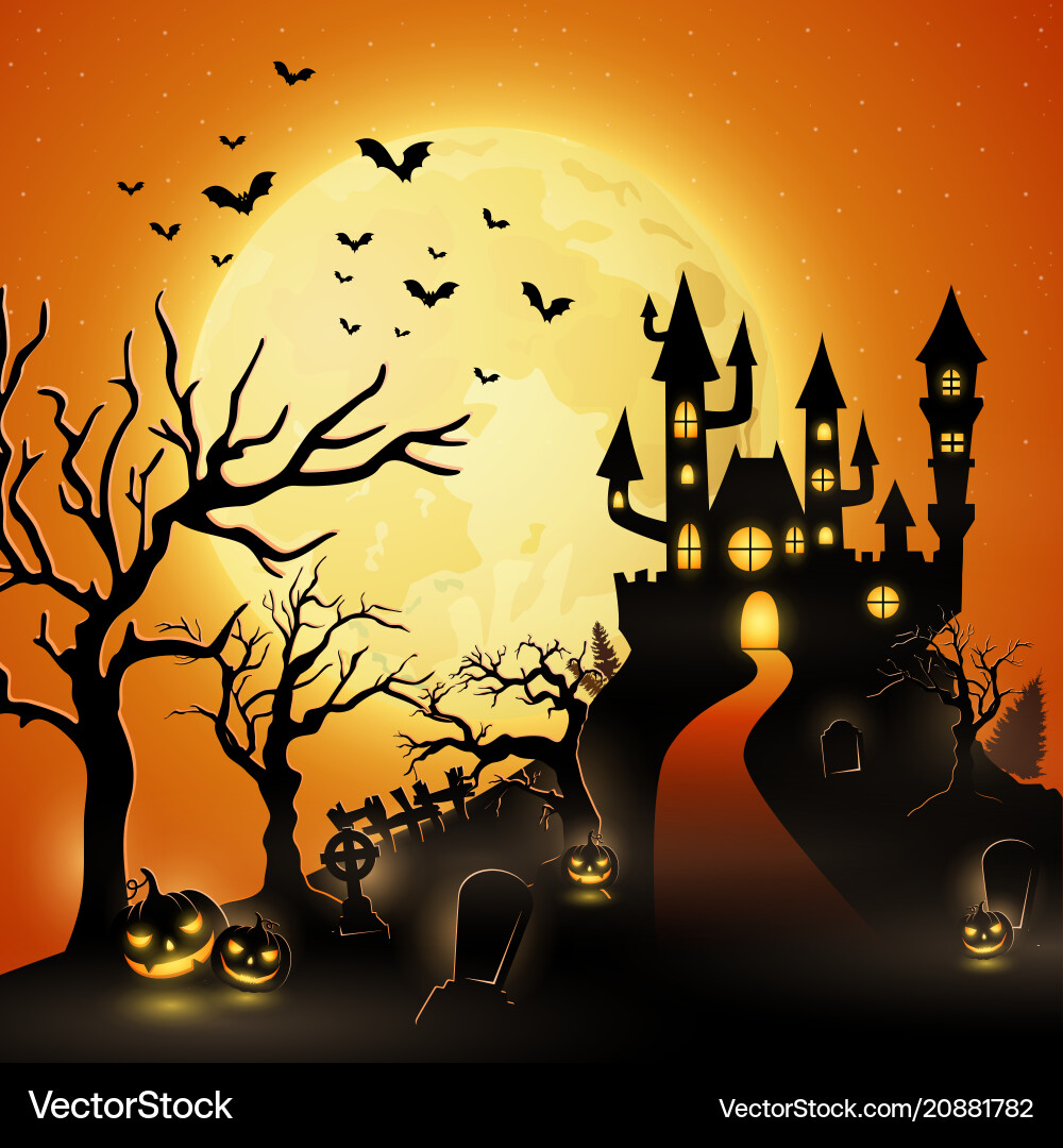 Creepy graveyard with castle and pumpkins Vector Image