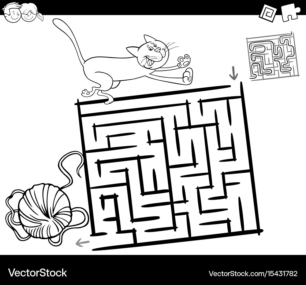 Maze with cat and wool coloring page Royalty Free Vector