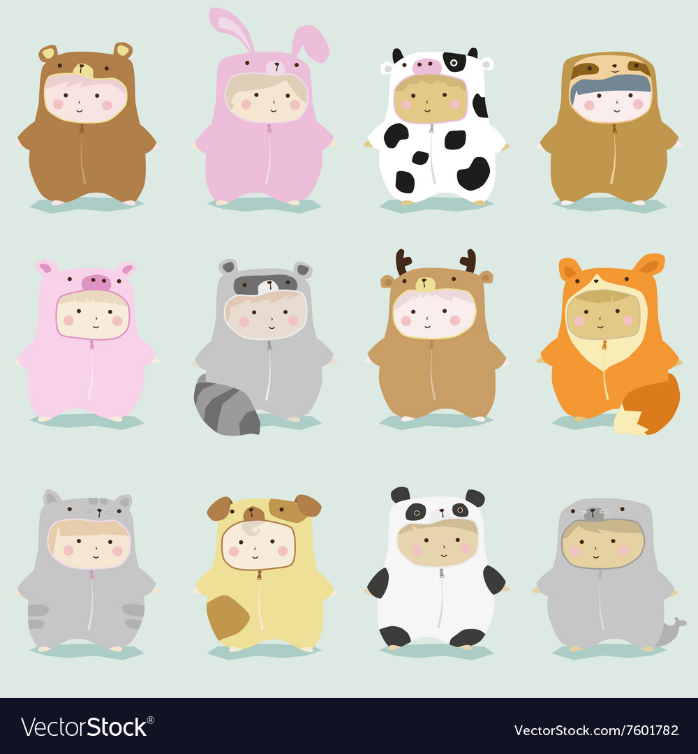Set kids in cute animal costumes 1 Royalty Free Vector Image