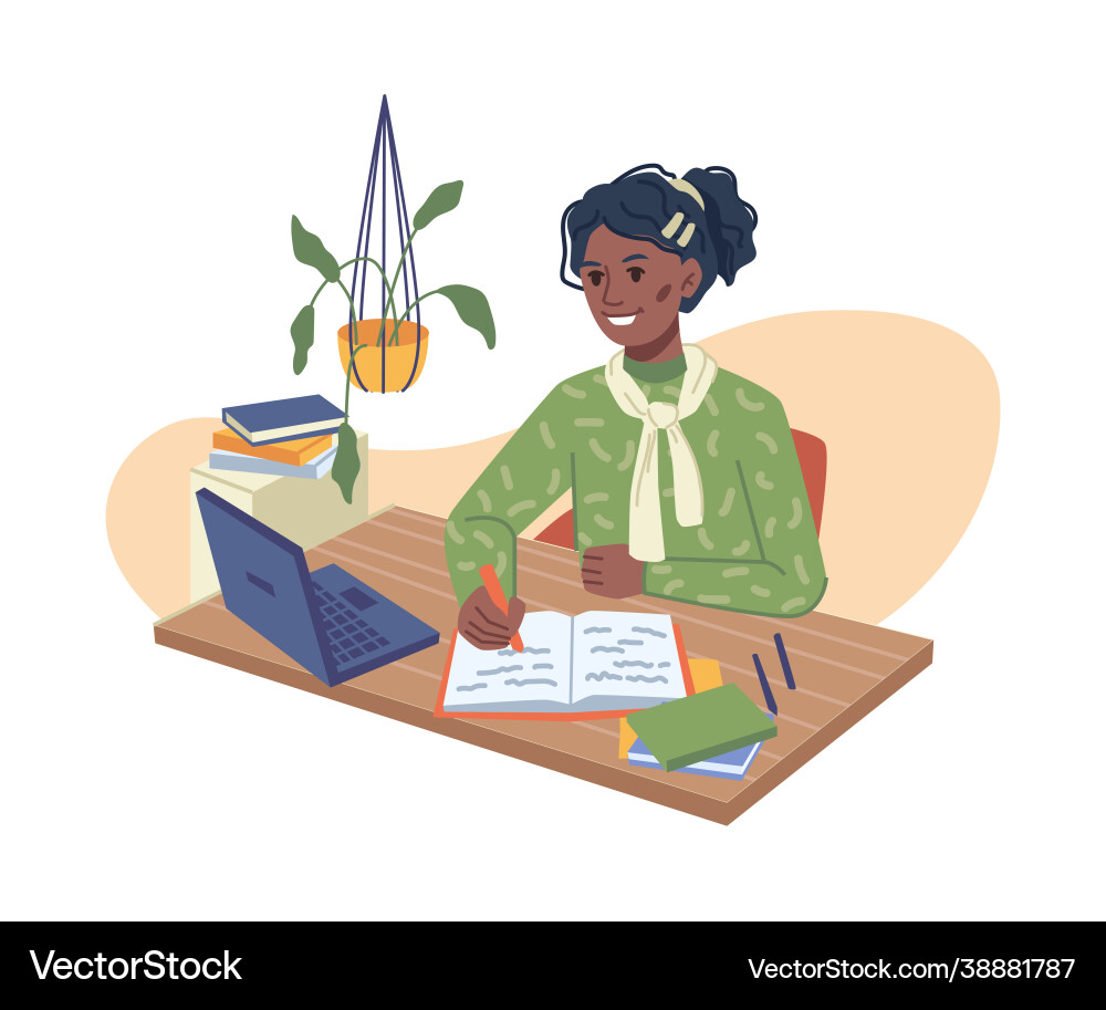 Afro american girl doing homework computer laptop Vector Image