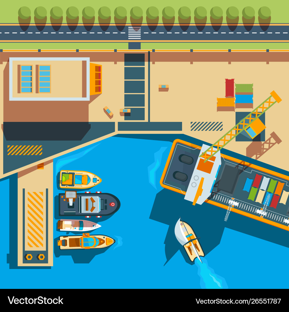 Ship top view seaside cargo boats dockyard Vector Image