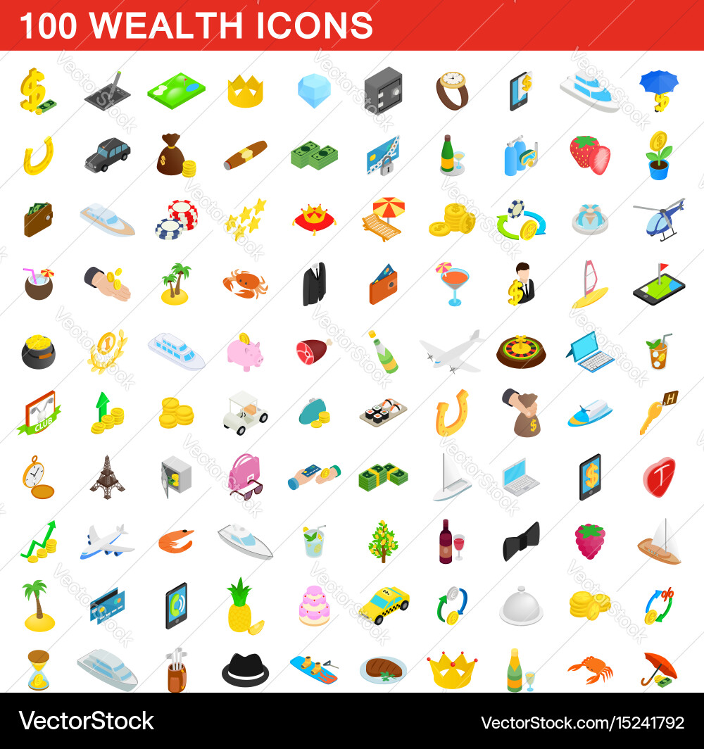 100 wealth icons set isometric 3d style Royalty Free Vector