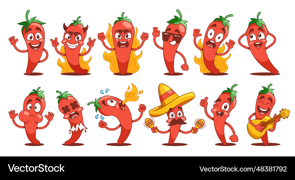 Cartoon hot pepper characters set whimsical Vector Image
