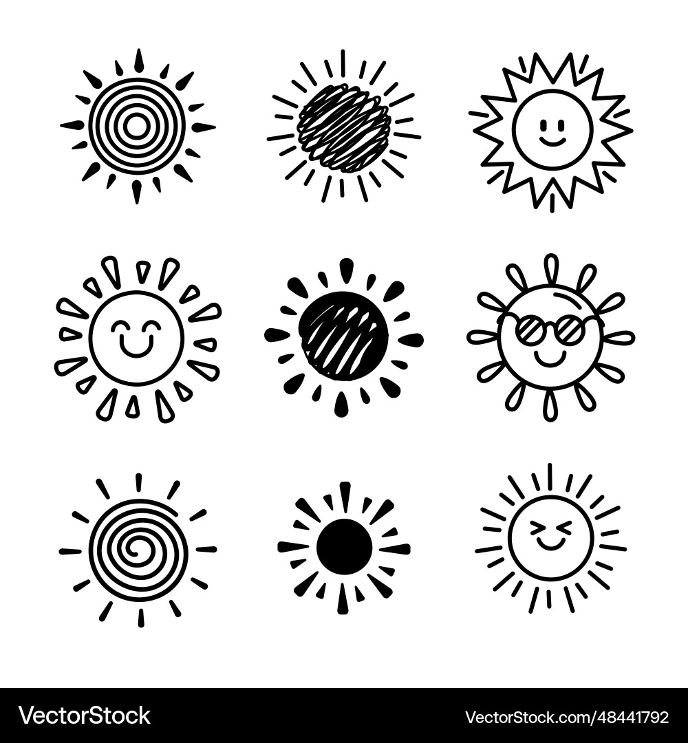 Doodle hand drawn sun drawings isolated on white Vector Image