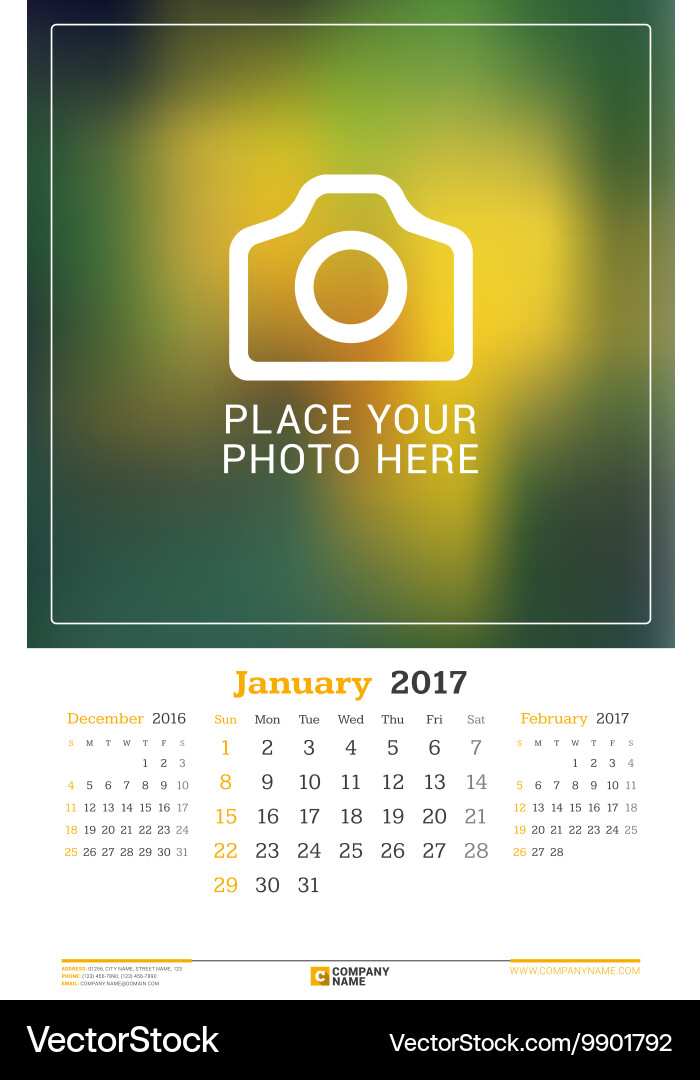 January 2017 Wall Monthly Calendar for 2017 Year Vector Image