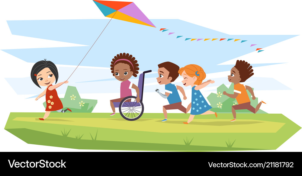 Joyful disabled children and healthy run Vector Image