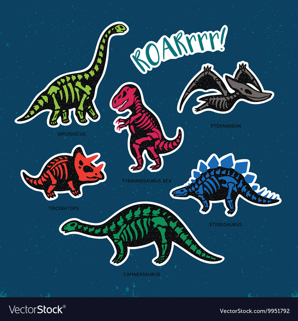 Sticker set dinosaur skeletons in cartoon style Vector Image