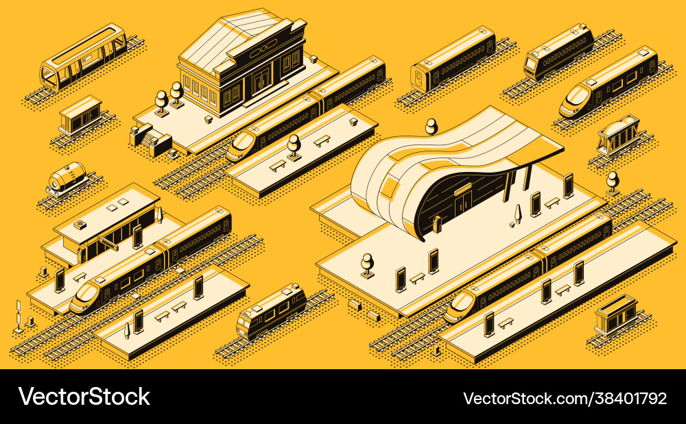 Train station with locomotive isometric set Vector Image