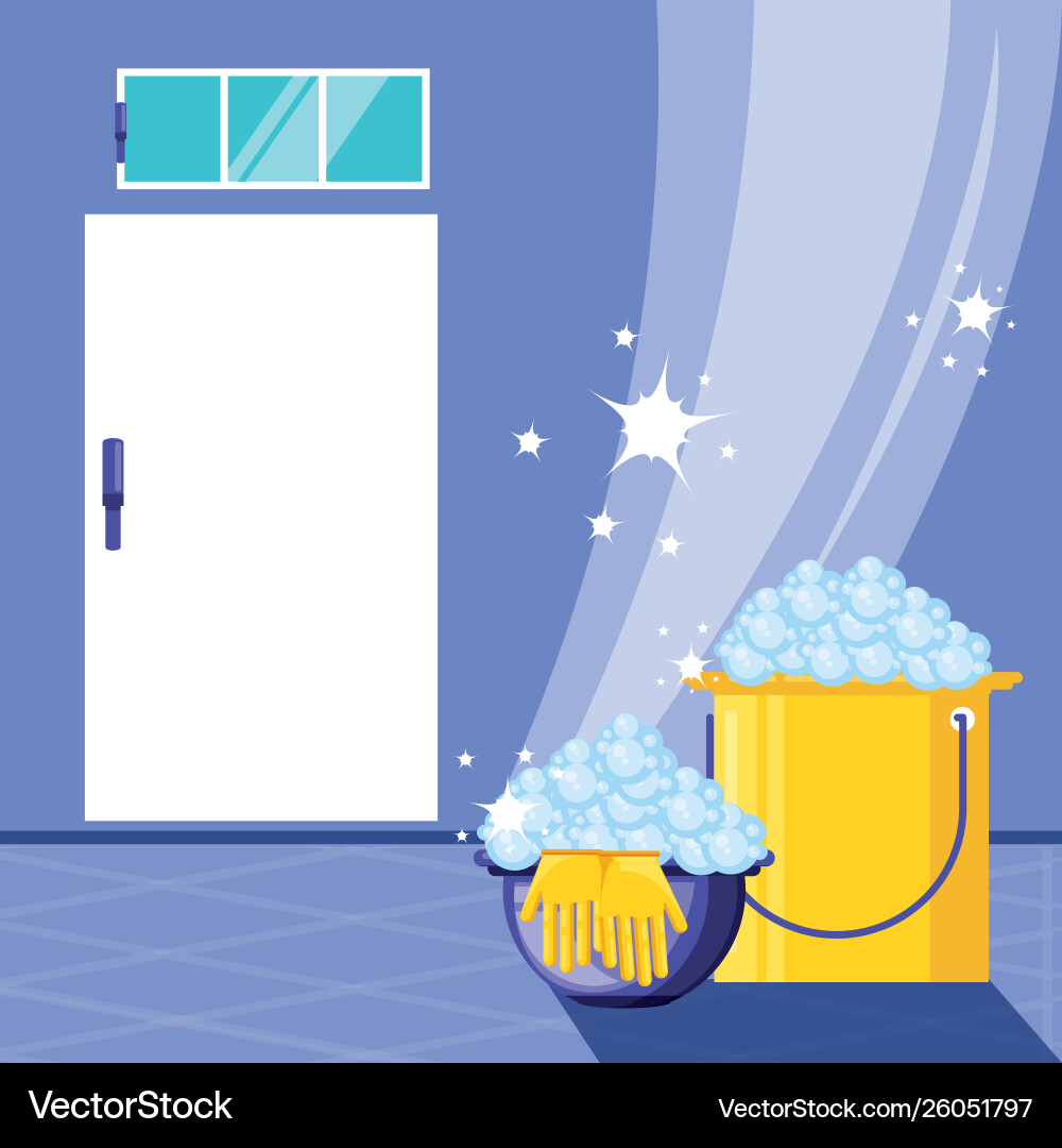 Housekeeping tools and bucket with foam Royalty Free Vector