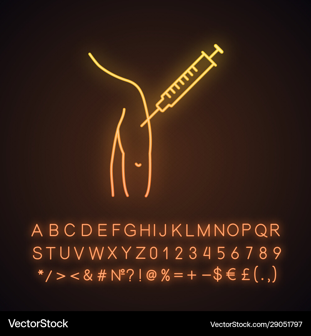 Injection in mans arm neon light icon Royalty Free Vector