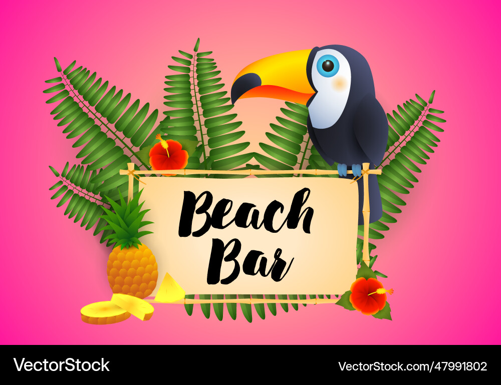 Beach bar lettering with toucan and pineapple Vector Image