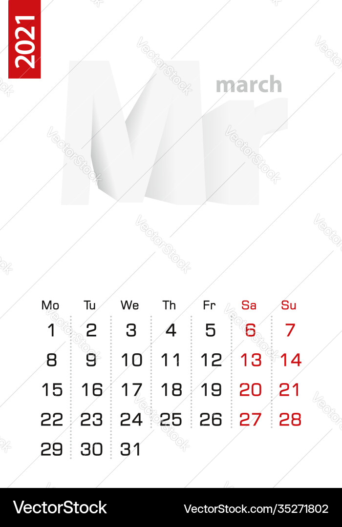 Minimalist calendar template for march 2021 Vector Image